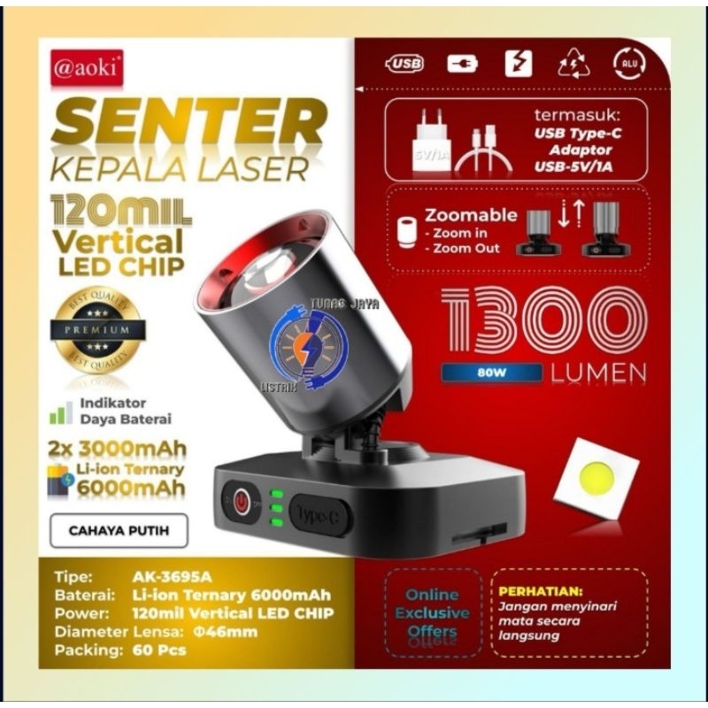 Jual Senter Kepala LED Zoom AK-3695A 80 Watt Lumen 1300 6000 MaH / AK-3685A / AK-3686K Cahaya ...