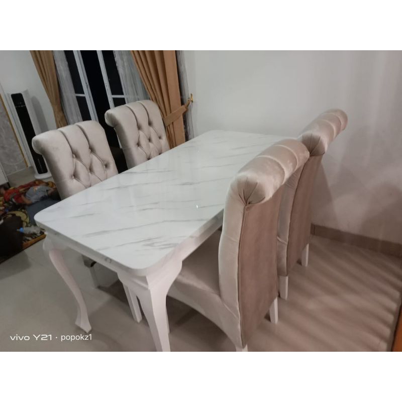 Jual 4 kursi kancing kursi minimalis meja 120cm top table HPL marmer ...