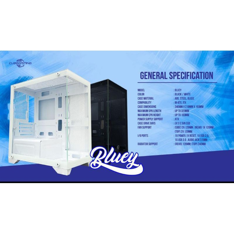 Jual Casing Cube Gaming Bluey Black / White mATX Tempered Glass ...