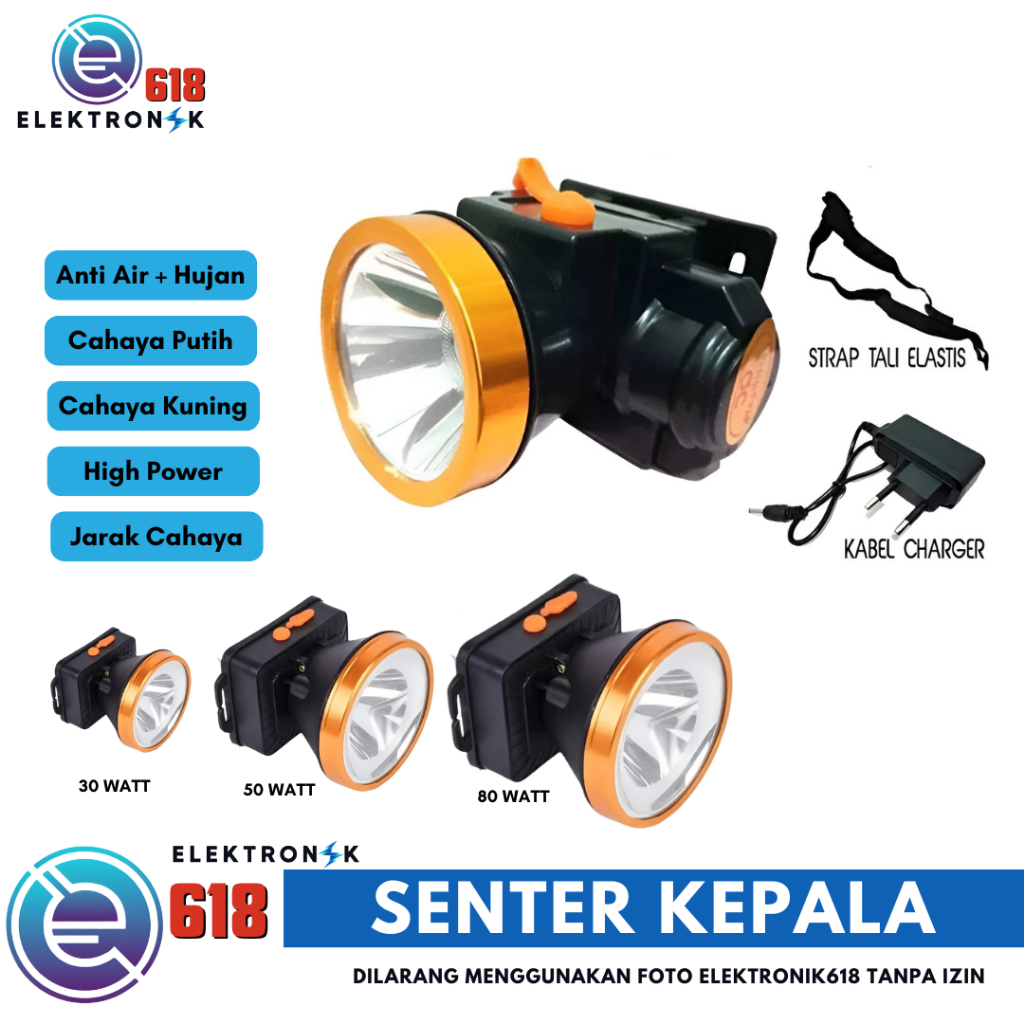 Jual ELEKTRONIK618 SENTER KEPALA 30 50WATT BISA CHARGE TERANG BATERAI ...