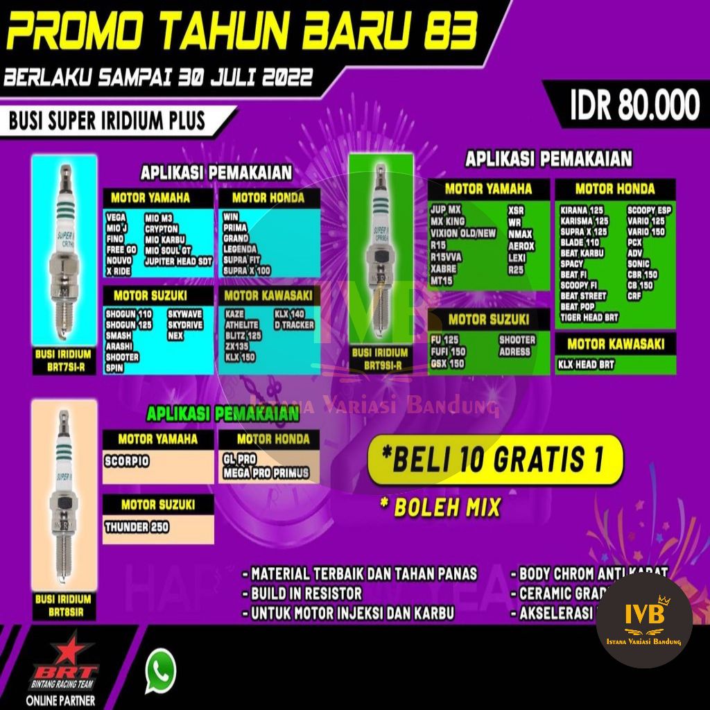 Jual BUSI RACING BRT SUPER IRIDIUM PLUS KLX CRF VIXION BEAT POP BEAT ESP MX KING MIO SPORTY R15 ...