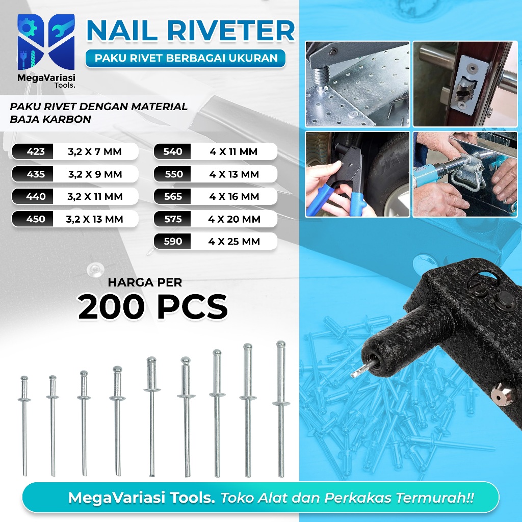 Jual 200 pcs Paku Rivet / Paku Rivet Holow 423, 429, 435, 440, 450 ...