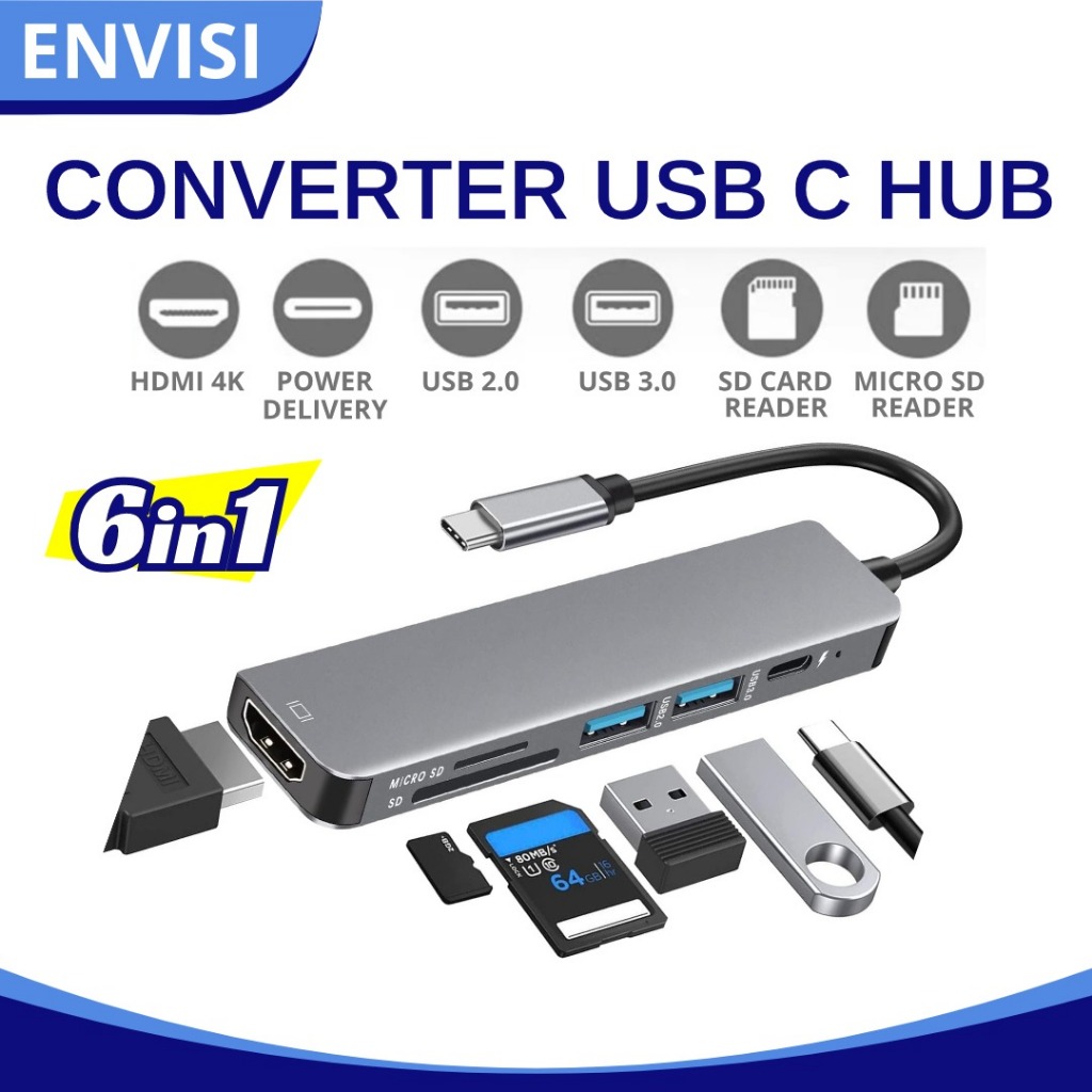 Jual USB Hub Type C 6 in 1 HDMI 4K Display PD Fast Charge Adapter Converter | Shopee Indonesia