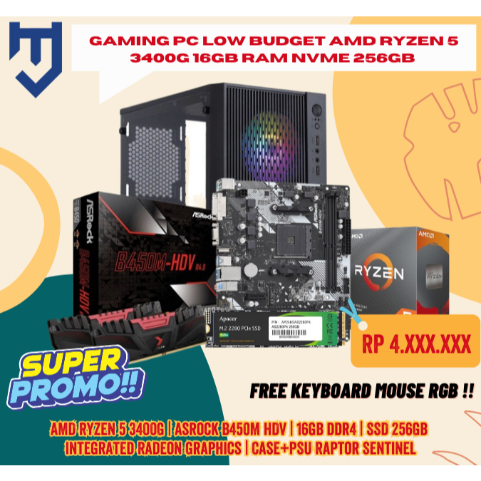 Jual Gaming PC Low Budget AMD Ryzen 5 3400G 16GB RAM NVME 256GB Hemat ...