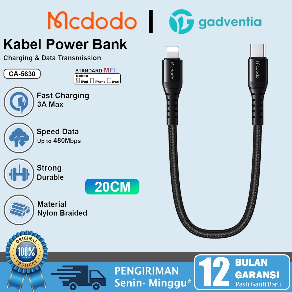 Jual Mcdodo CA-5630 Kabel C to Lightning Pendek 20cm Powerbank Charger ...