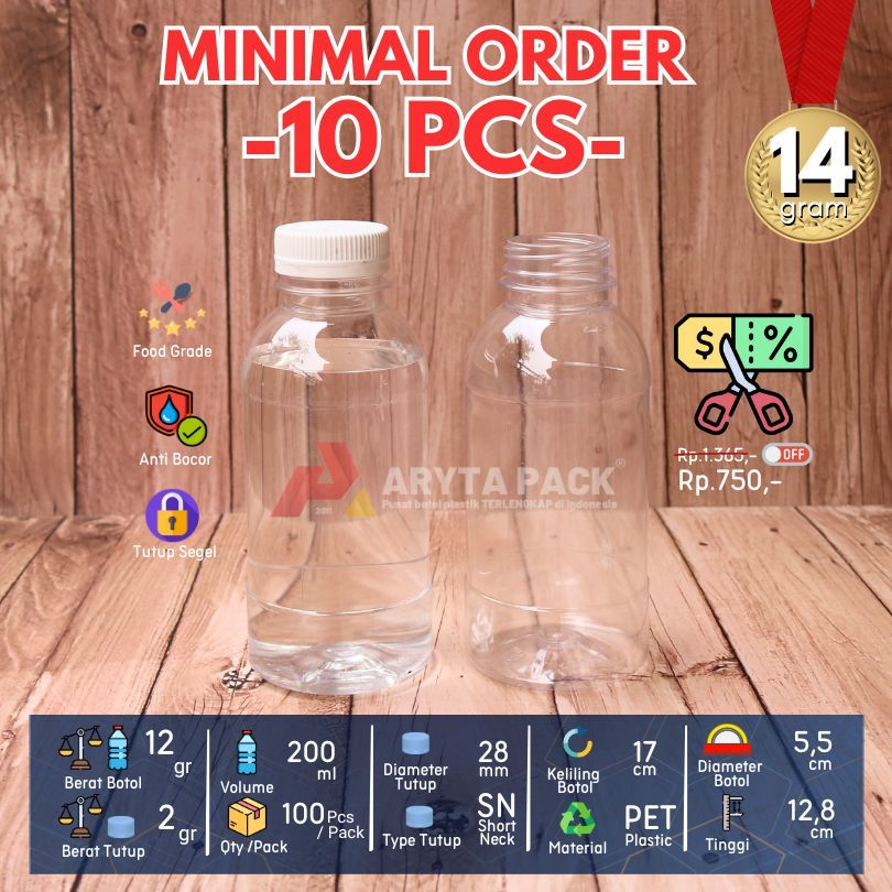 Jual Botol plastik PET 200ml cabe minuman jus susu kopi tutup SN warna ...