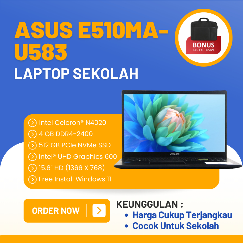 Jual Asus Slim E510MA-U583 - Celeron N4020 - RAM 4GB - SSD 512GB - 15.6 ...