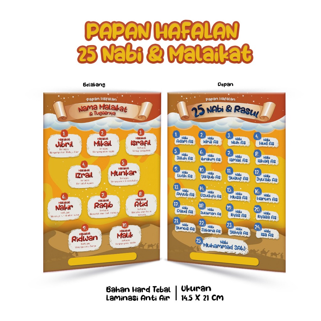 Jual Table Papan Hafalan 25 Nabi & Malaikat Bahan Hard Tebal Laminasi Anti Air Ukuran 14,5 x 21 ...