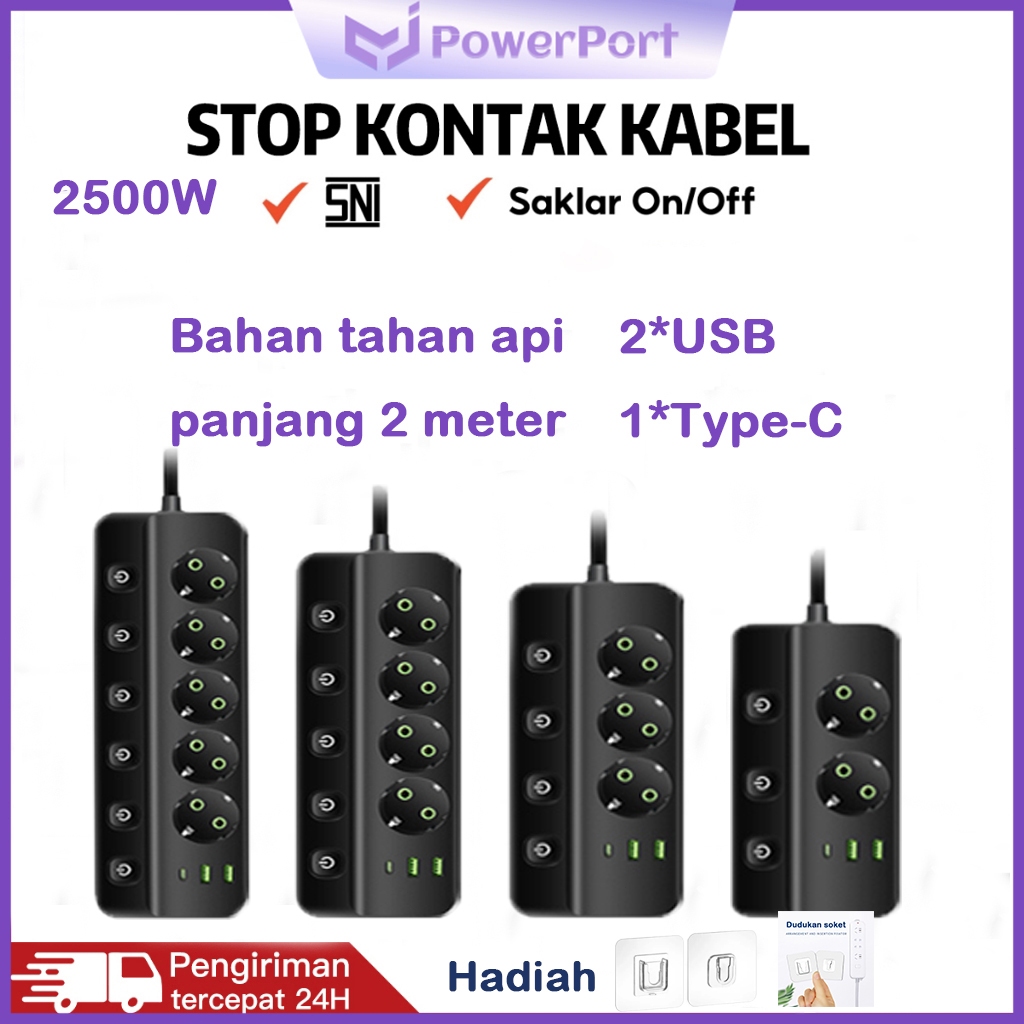 Jual PowerPort 2500W Stop Kontak USB Kabel Serbaguna Multiguna Panjang 2 Meter / Soket listrik ...