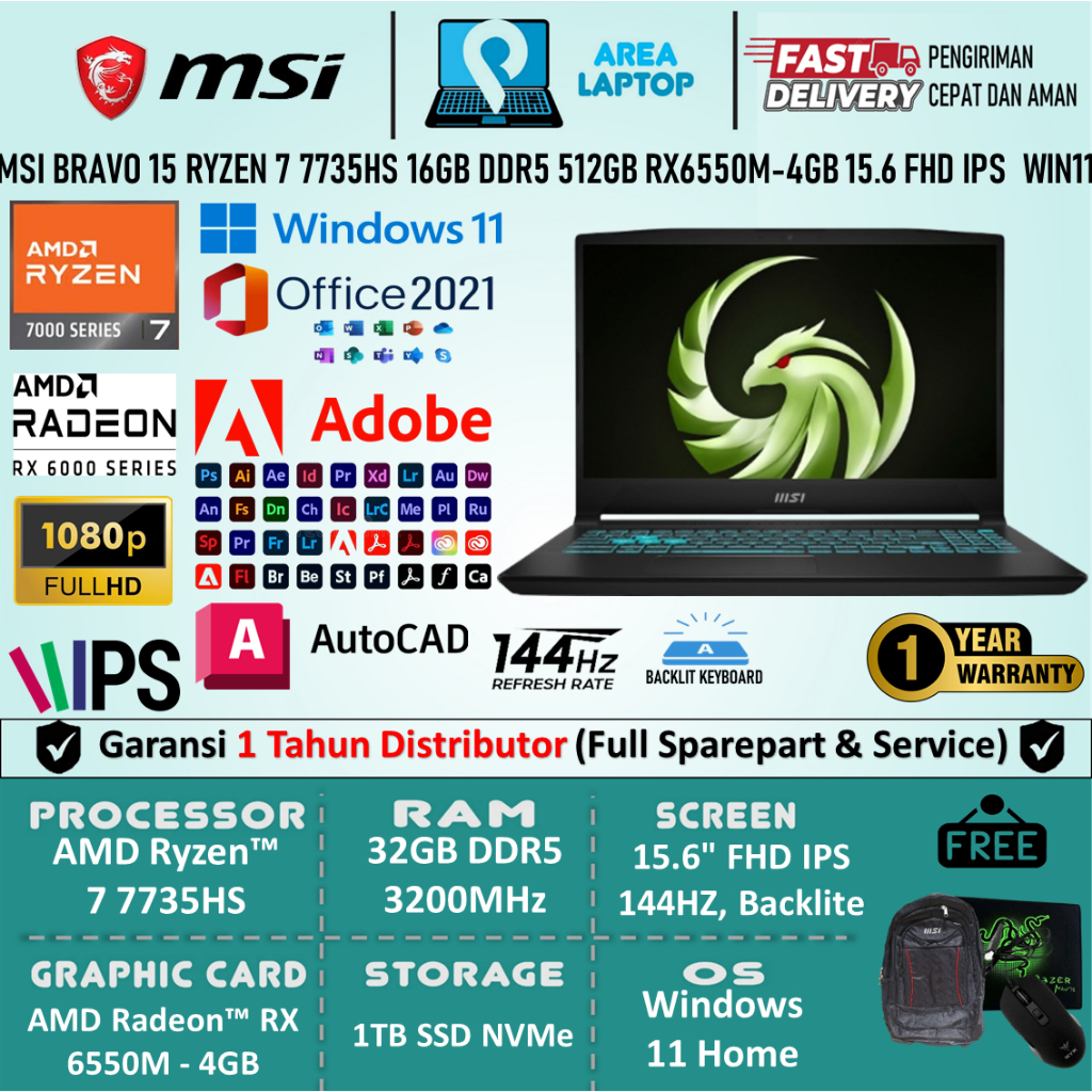 Jual Laptop Gaming MSI Bravo 15 B7ED AMD RYZEN 7 7735HS 32GB DDR5 1TB ...