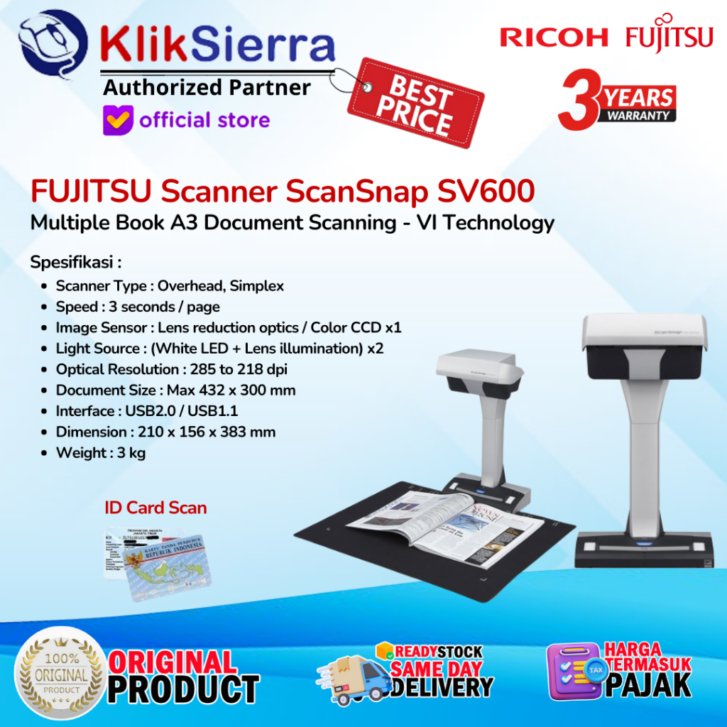Jual FUJITSU RICOH Scanner ScanSnap SV600 Multiple Scanning Book A3 SV-600 Overhead Simplex Scan ...