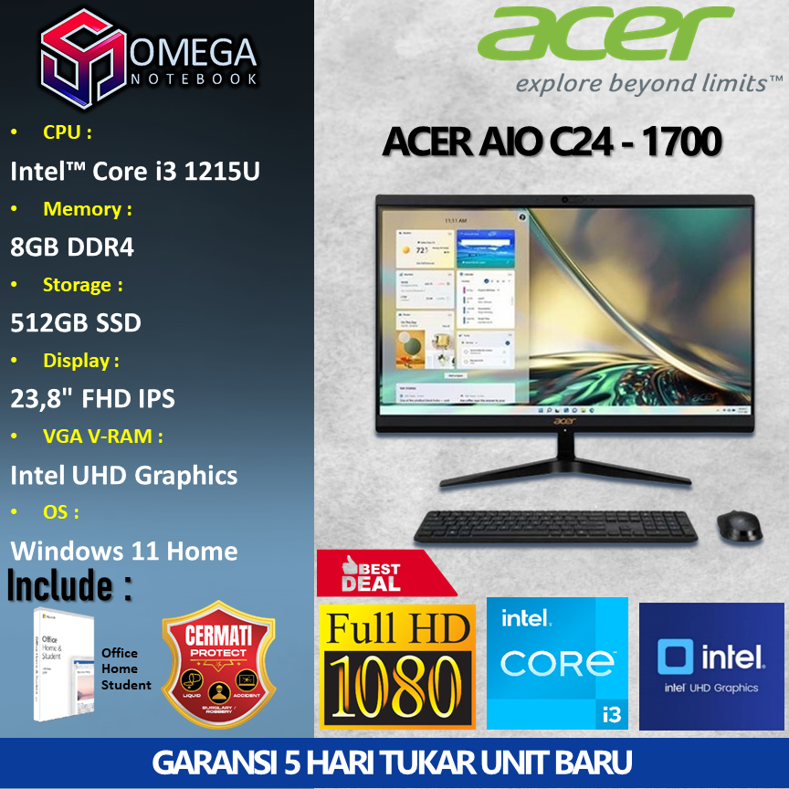 Jual ACER PC ALL IN ONE AIO ASPIRE C24 1700 i3 1215 16GB 512GB UHD 23,8 FHD Windows 11 + OHS ...