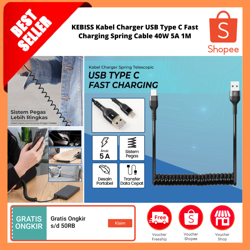 Jual Kabel Charger USB Type C Fast Charging Spring Cable 40W 5A 1M ...