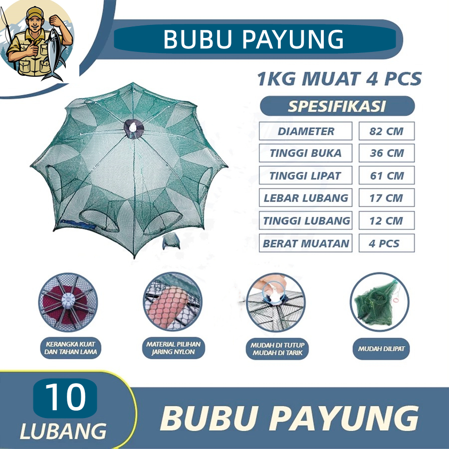 Jual Perangkap Bubu Payung 6/8/10/12 Lubang Alat Jaring Pancing Jala Ikan Udang Kepiting Lele ...