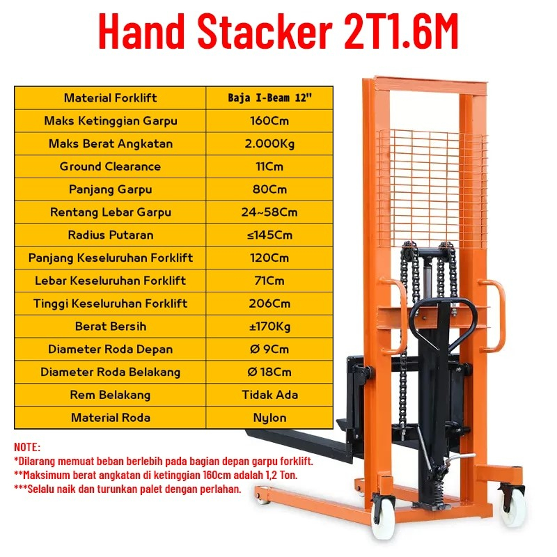 Jual Hand stacker manual / forklift manual kapasitas 2 Ton 1.6Meter ...