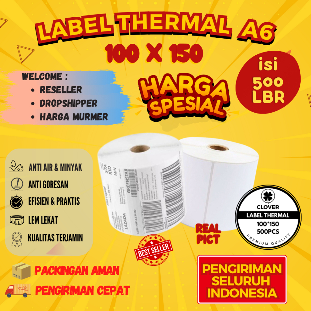 Jual KERTAS LABEL THERMAL 100 X 150MM / STIKER BARCODE A6 | Shopee Indonesia