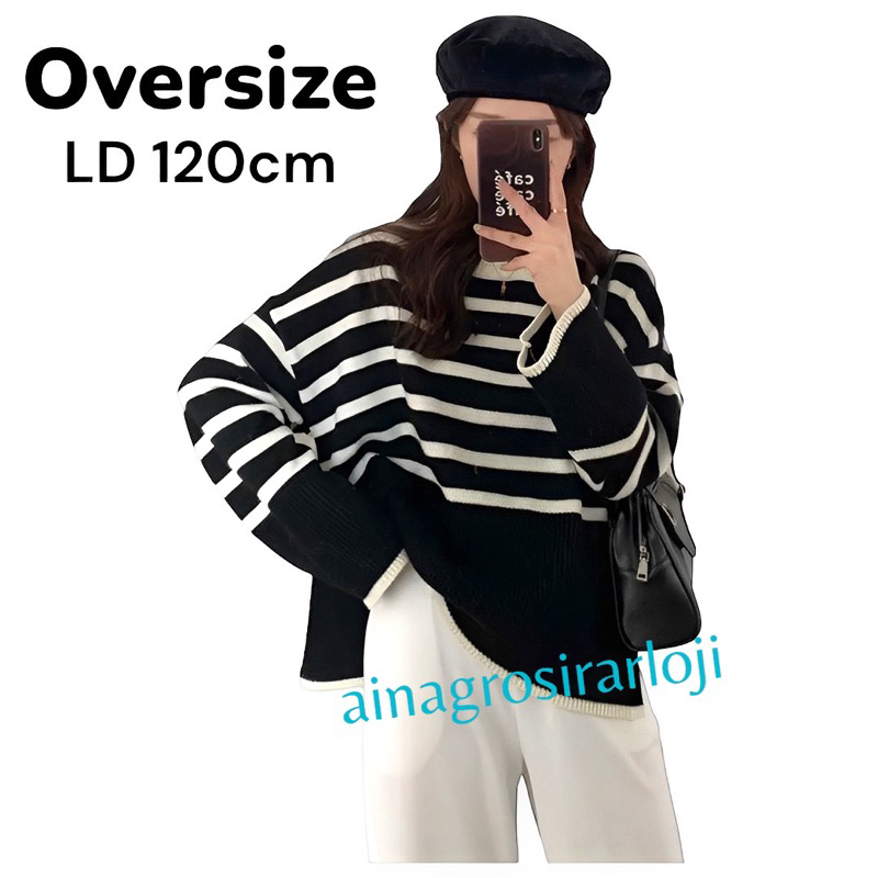 Jual Oversize sweater striped blouse haru knit lengan Panjang | Shopee Indonesia