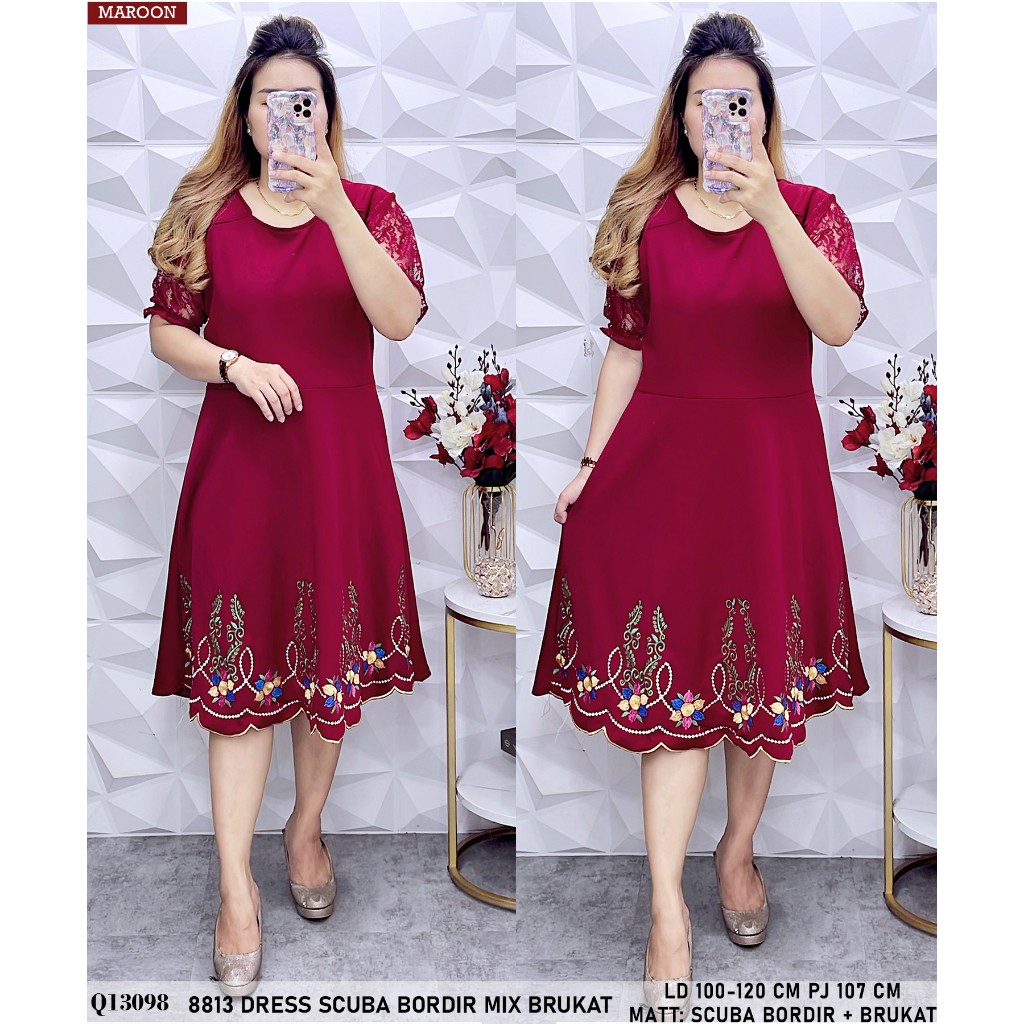 Jual 8812 8813 DRESS SCUBA TEBAL MELAR BORDIR KOMBINASI TANGAN BRUKAT PENDEK DAN 3/4 Q13105 ...