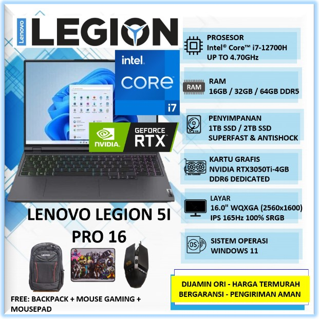 Jual Laptop Gaming Lenovo Legion 5i Pro 16 Intel i7 Gen 12 64GB 2TB SSD RTX3050Ti-4GB 16" WQXGA ...