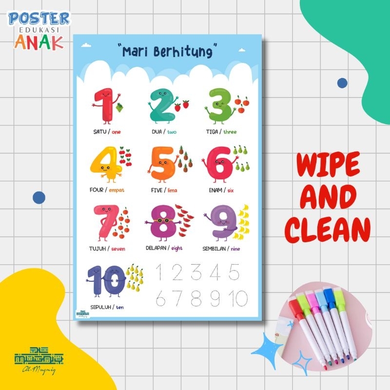 Jual Poster Wipe and Clean - Poster Dinding Belajar Edukasi Anak | Poster Berhitung 1-10 | Wipe ...
