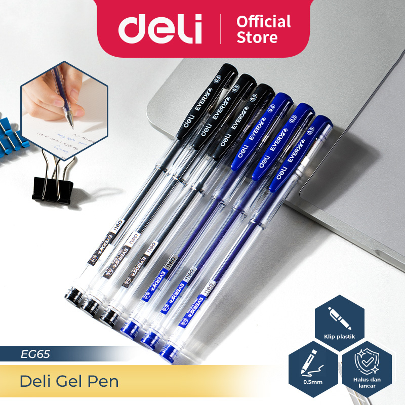 Jual Deli Pulpen Gel / Gel Pen 0.5 mm Isi 12 pcs Tinta Hitam/Biru ...