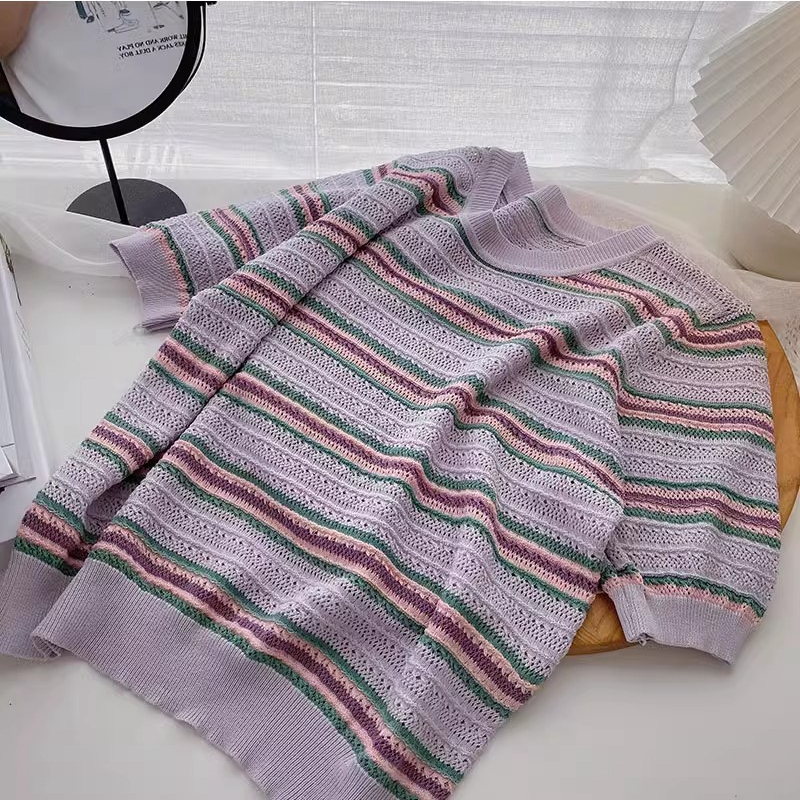 Jual The Monseur Gallery Kaos Rajut Lengan Pendek Wanita Striped T-shirt Korean Style | Shopee ...