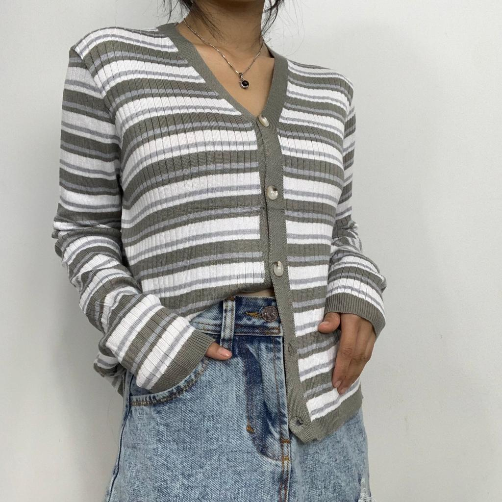 Jual AJW Atasan Rajut Wanita Lengan Panjang Import Premium Salur Garis Full Kancing WAD | Korean ...