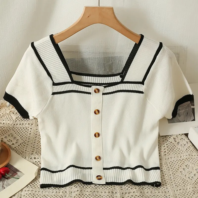 Jual Korean V Neck Collar Button Down Knit Crop Top 2002 - Atasan Crop Knit Leher V dengan ...