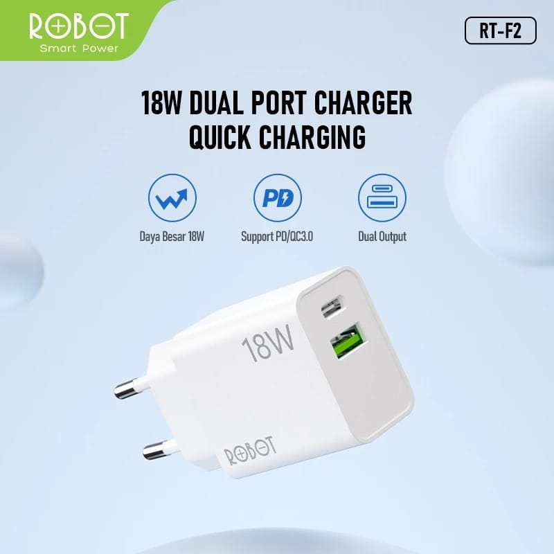 Jual ROBOT RT-F2 Adaptor Kepala Charger Dual Port USB+USB C Fast ...