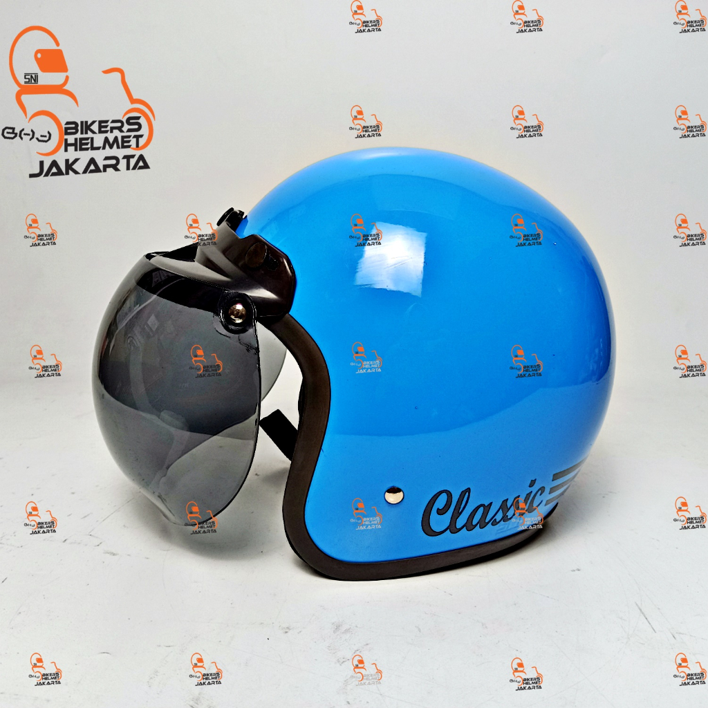 Jual HELM BOGO CLASSIC POLOS BLUE GLOSS BLACK HALF FACE RETRO SNI KBS ...