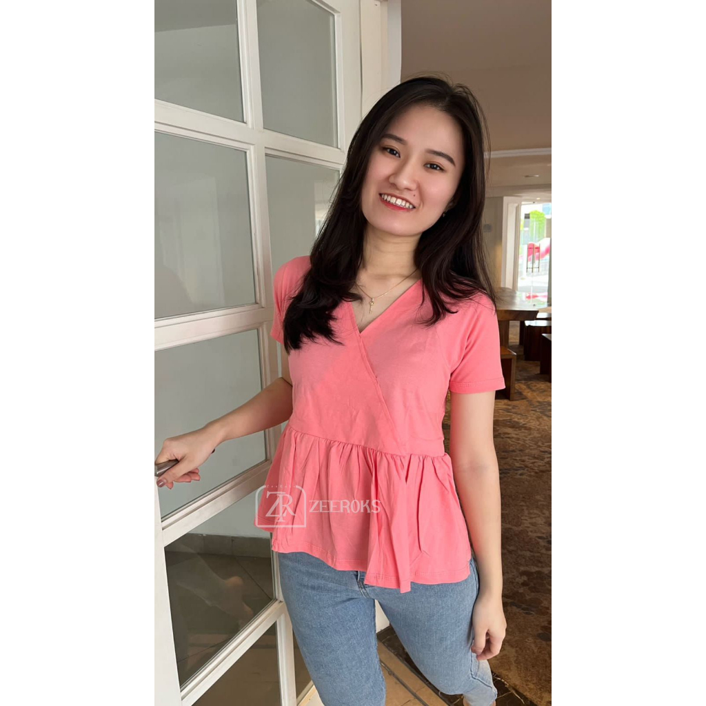 Jual Kaos Polos Blouse Peplum Wanita Tangan Pendek Rumbai Bahan Premium ...