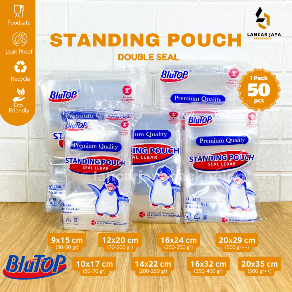 Jual [50 PCS] Standing Pouch BluTop Pinguin Double Seal Lebar Plastik ...