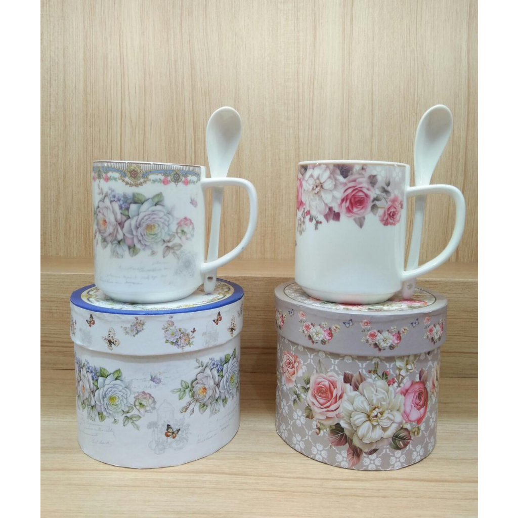 Jual Mug keramik Motif Bunga + Sendok + Box Untuk kopi/teh (Hampers ...