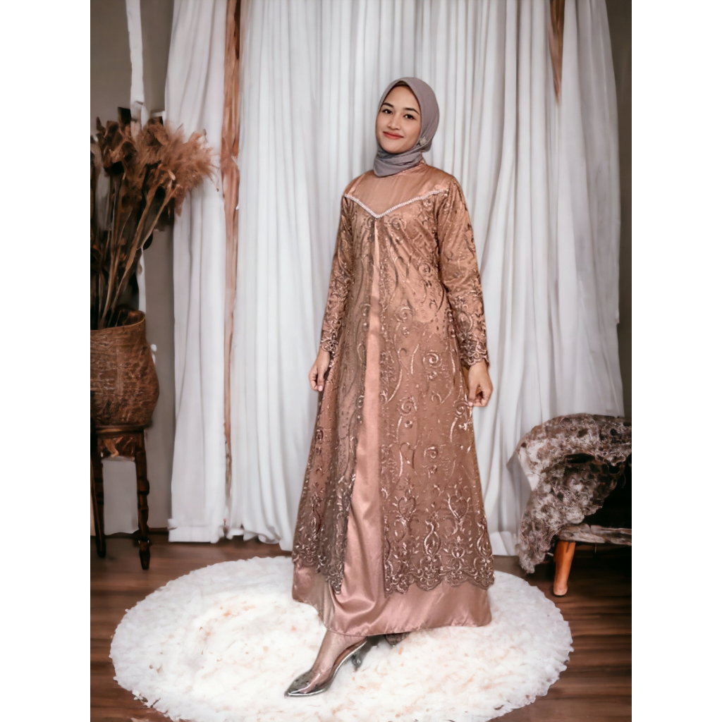 Jual Septiana Gamis pesta kondangan brukat tille mutiara lapisan satin maxi dress pesta kerah ...
