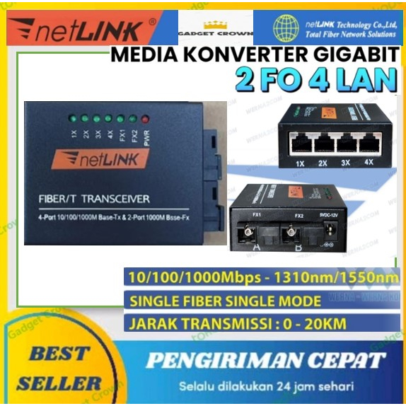 Jual Media Converter Gigabit 2 FO 4 LAN 10/100/1000Mbps Fiber Optic Switch Ethernet Netlink ...