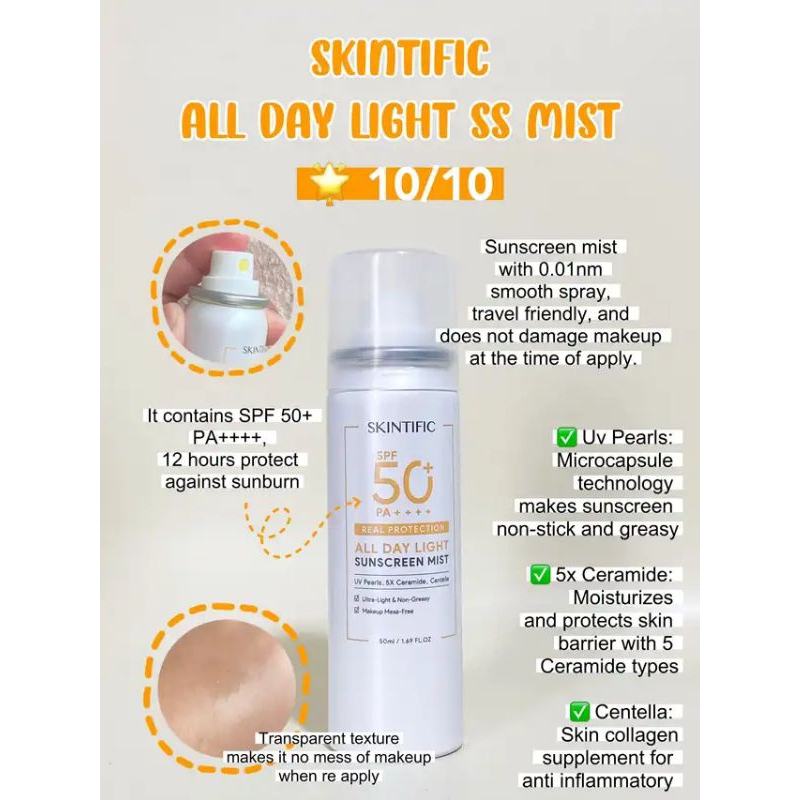Jual skintific All day light sunscreen mist SPF 50 PA++++(120ml) | Shopee Indonesia