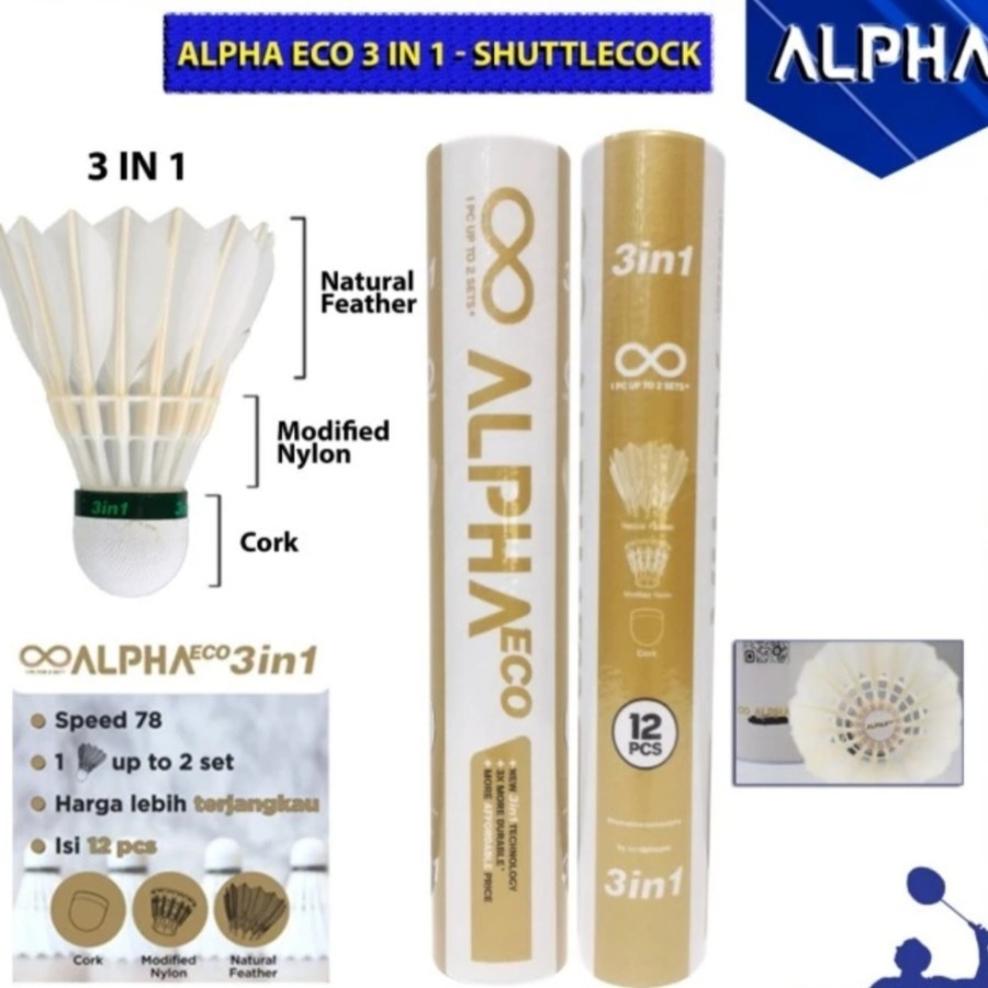 Jual Shuttlecock Alpha 3 in 1 kok Alpha Eco Awet Stabil Alpha Black ...