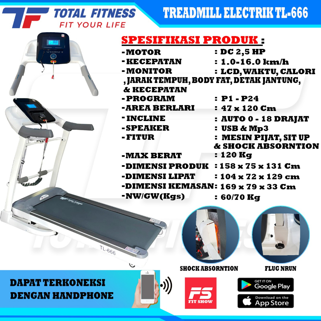 Jual Alat fitnes Treadmill elektrik TL666 Merk Total Fitness | Shopee ...