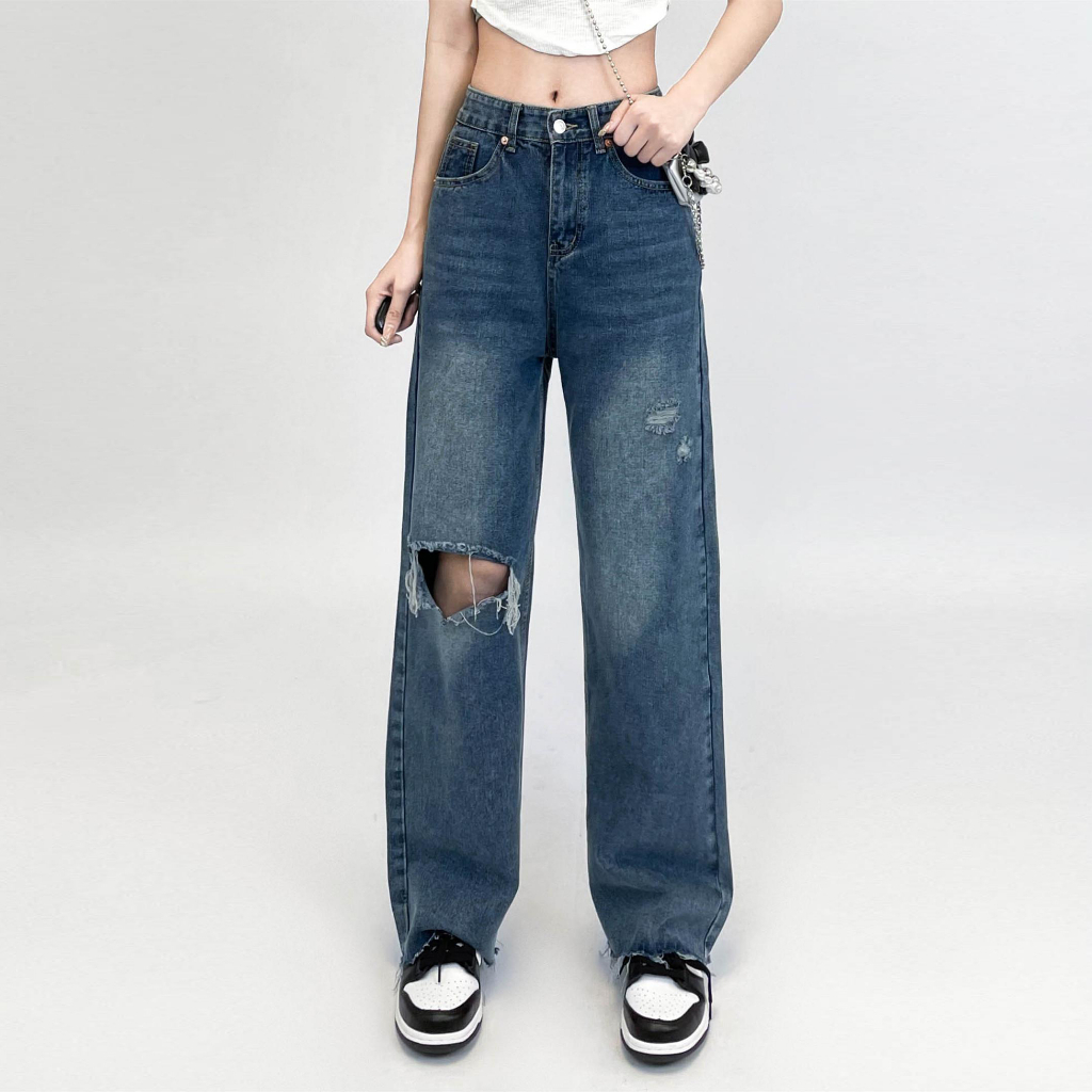 Jual NEW Biru Retro Premium Denim Highwaist Loose Fashion Berkaki Lebar ...