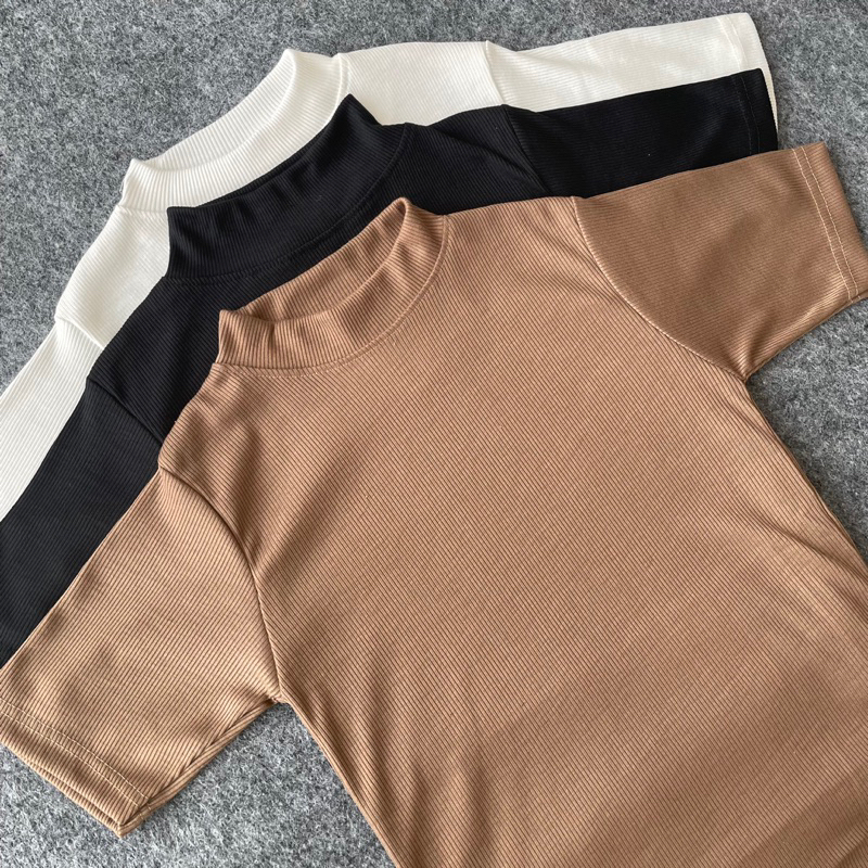 Jual KAOS RIB TURTLE NECK Wanita Lengan Pendek Rajut Wanita Kerah ...