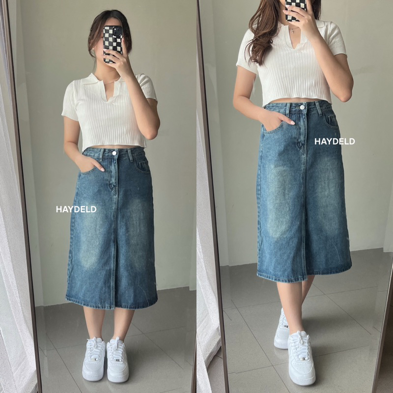 Jual HAYDELD - Denim Skirt | Rok Jeans Belah Depan | Rok Retro ...