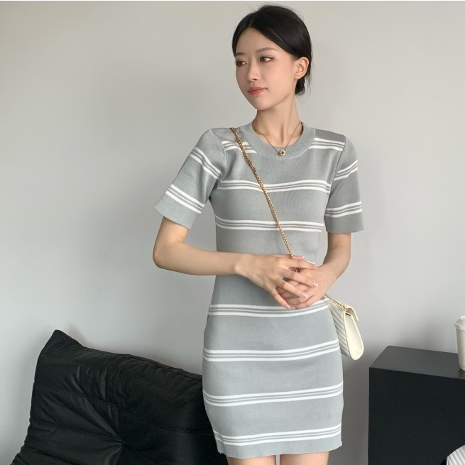 Jual AJW Long Dress Dress Korean Style Rajut Motif Salur SAE SAC | Long ...