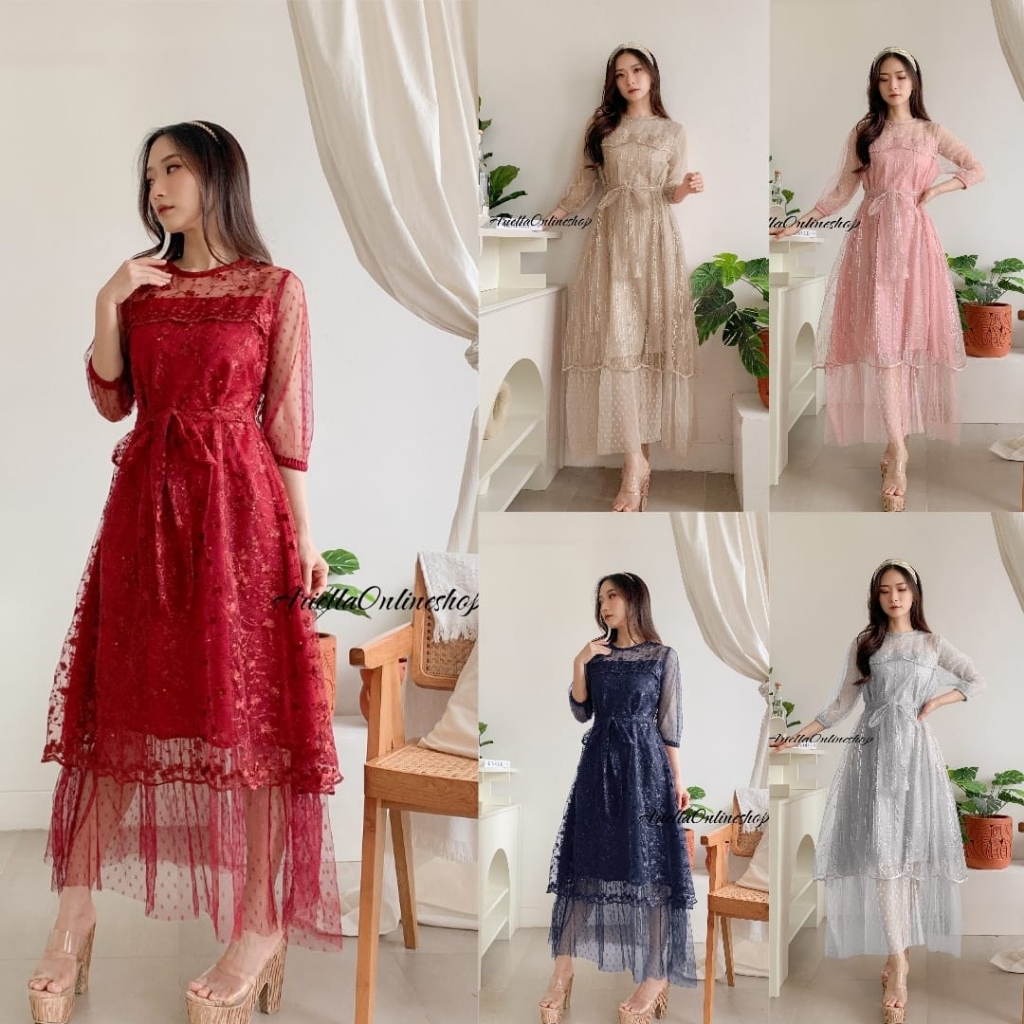 Jual AH Dress MARCELLA ( Real Pict ) 5 Opsi Warna Pakaian Fashion Hari ...