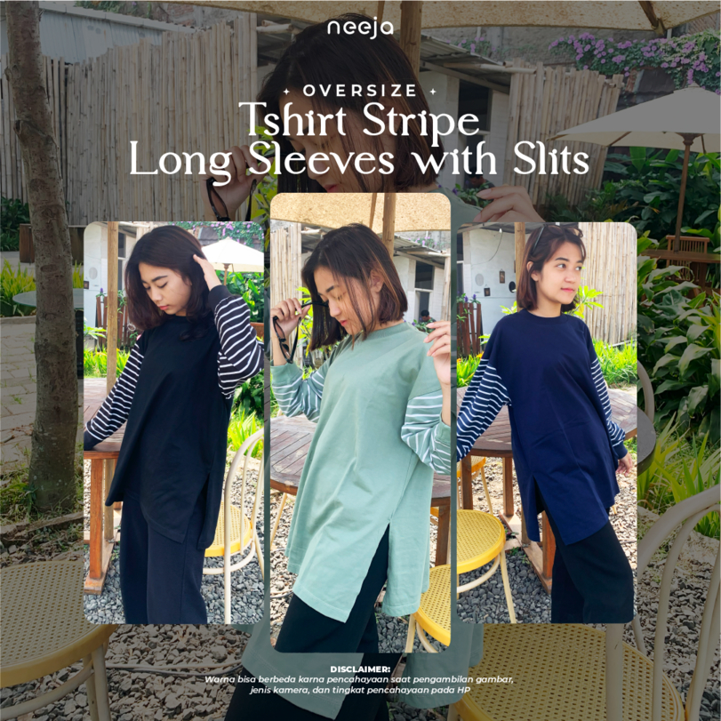 Jual neeja - Kaos Polos Oversize Lengan Panjang Salur With Slit ...