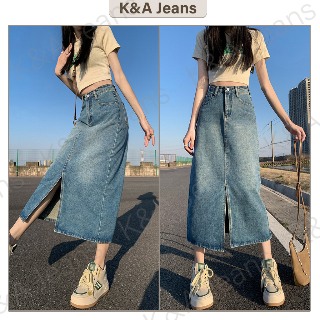 Jual [K&A]COD# Highwaist Rok Rok Jeans Belah Depan Jeans Wanita Jeans ...
