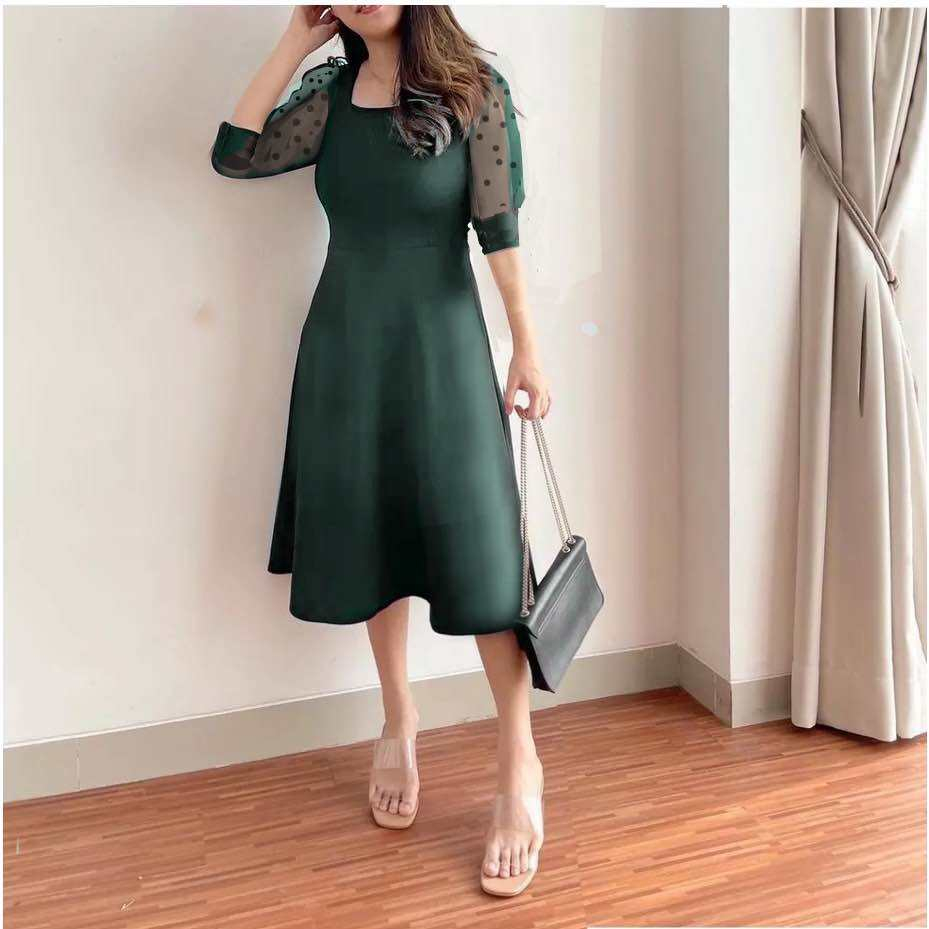 Jual DRESS SPAN MIDI SCUBA MIYA LENGAN TILE POLKADOT OUTFIT WANITA ...