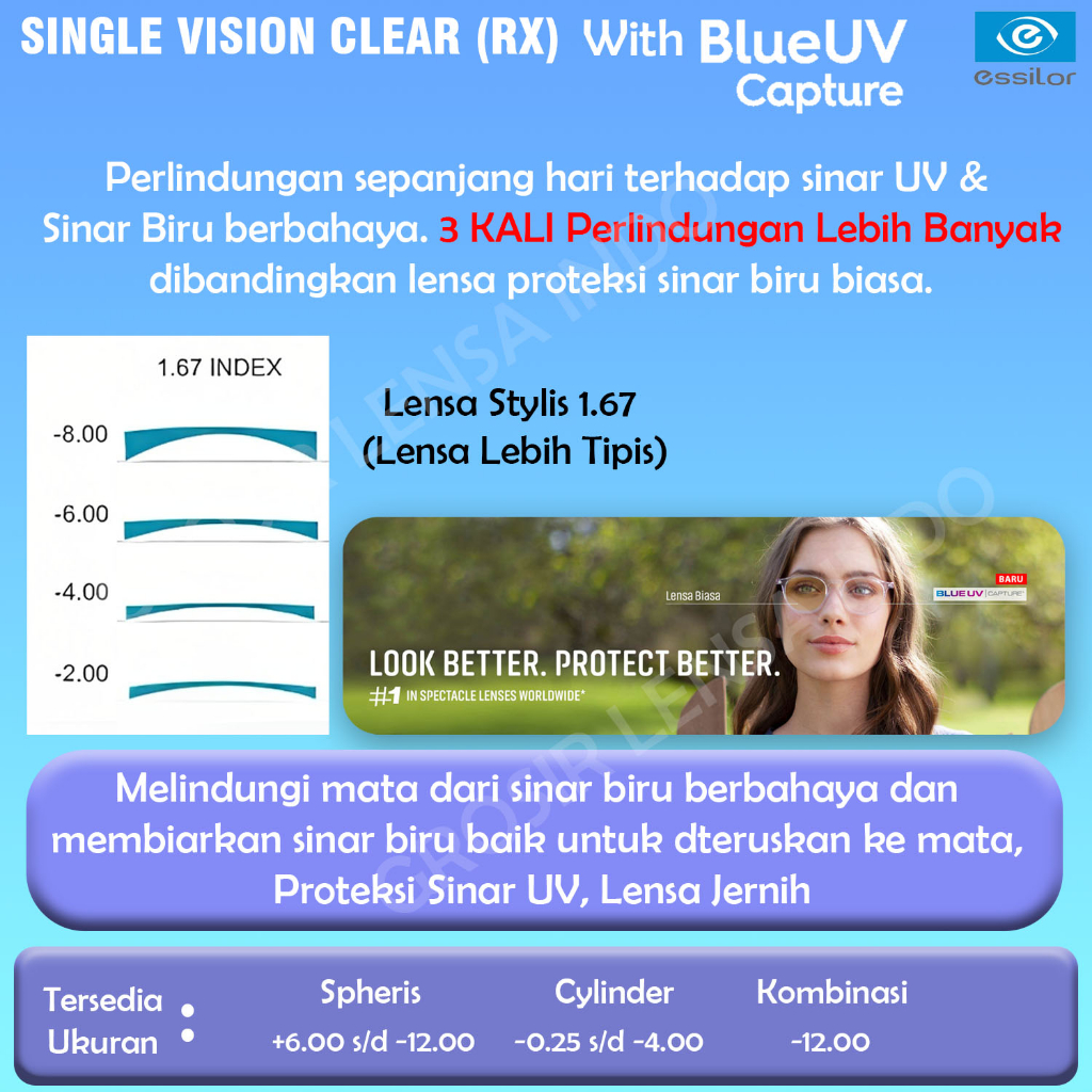 Jual Lensa Kacamata Essilor Blue UV capture Stylis 1.67 CRIZAL Rock ...