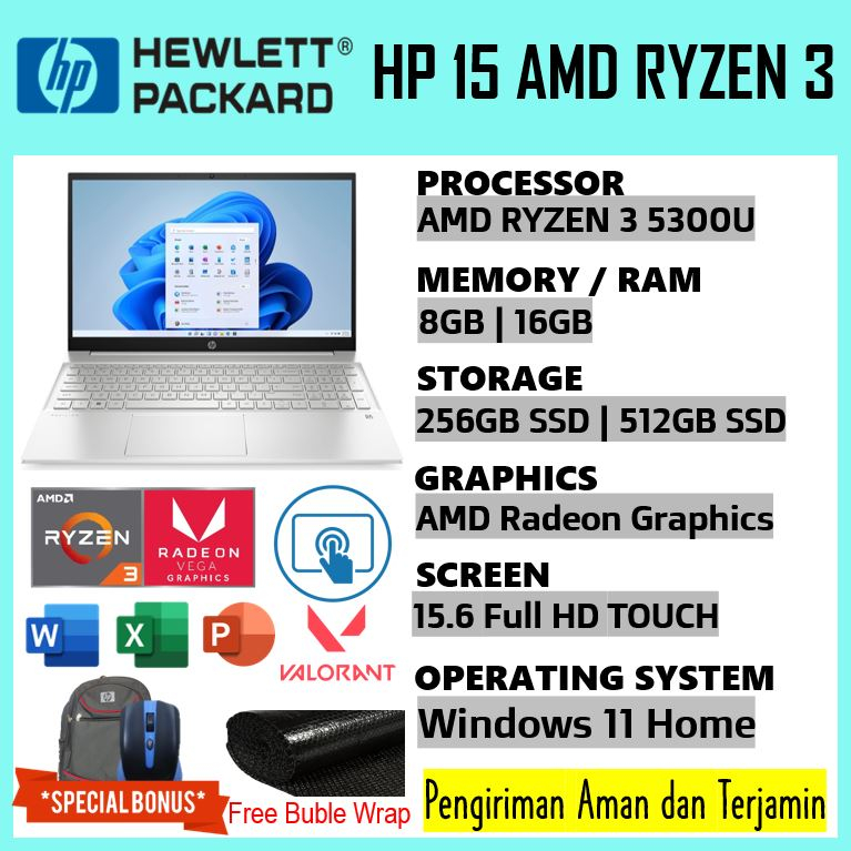 Jual laptop gaming HP 15 amd ryzen 3 5300U 16GB 512GB SSD 15 inch Full ...