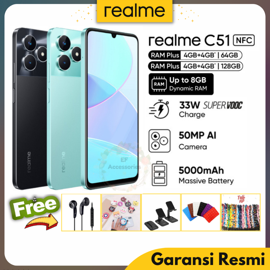 Jual REALME C51 NFC 4/64 GB, 4/128 GB DYNAMIC RAM 4+4GB CAMERA AI 50MP ...