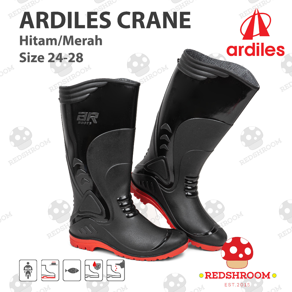 Jual Sepatu Boot Tinggi ARDILES CRANE Hitam Merah AR Boots-Karet Lokal ...